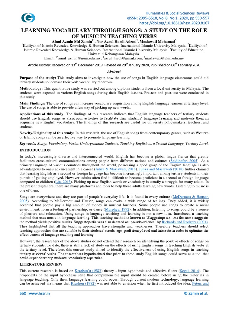 Learning Vocabulary Through Songs: A Study On The Role of Music in ...