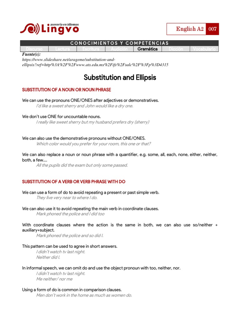Substitution and Ellipsis in English Grammar | PDF | Clause | Verb