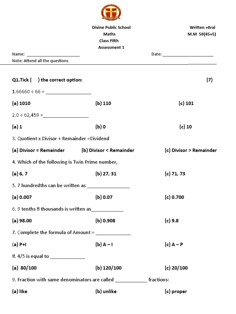 Maths Paper (Class 5) | PDF | Mathematical Notation | Division ...