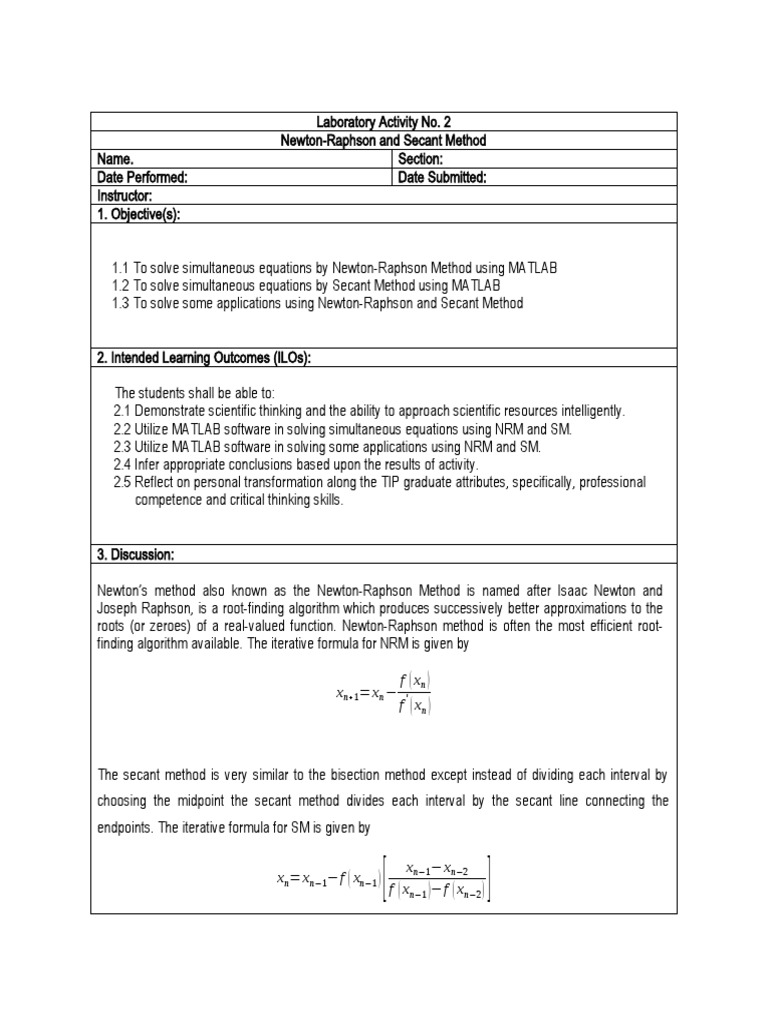 Laboratory Activity 2 Newton Raphson And Secant Method Pdf Mathematics Of Computing