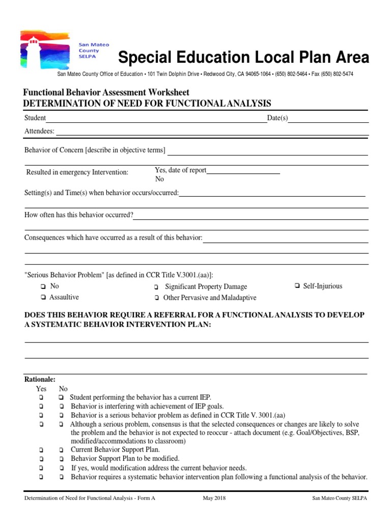 Functional Behavior Assessment Worksheet | PDF
