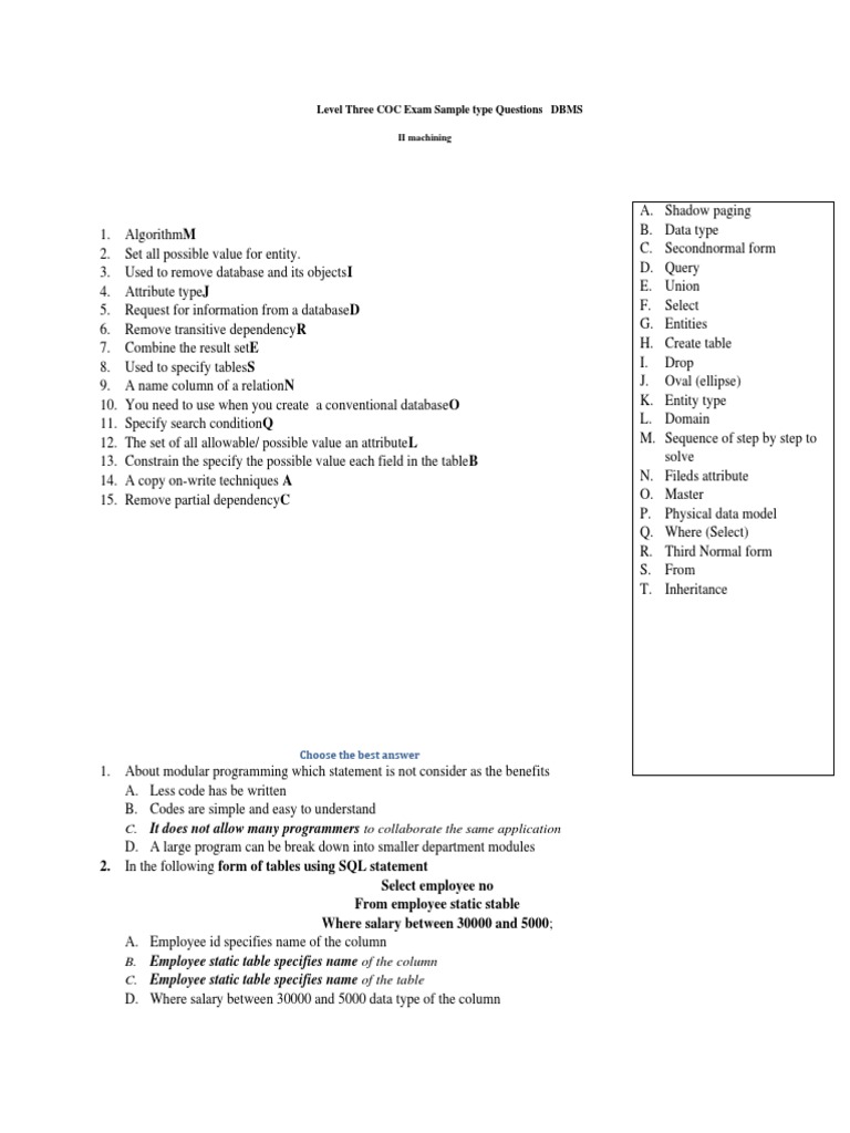 Level Three COC Exam Sample Type Questions DBMS | PDF | Databases ...