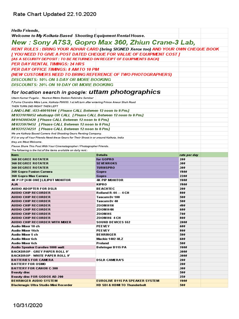 Kolkata Camera Rental Rate Chart | PDF | Canon Inc. | Nikon