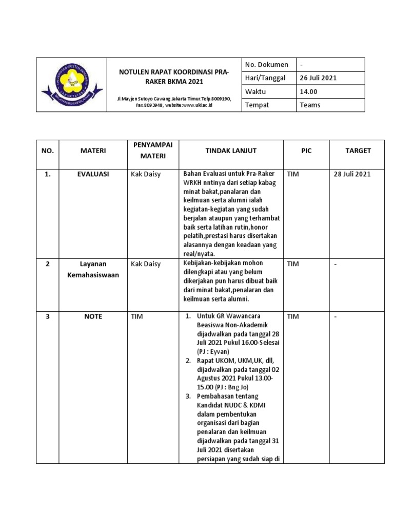 Notulen Rapat Koordinasi Pra-Raker Bkma 2021 | PDF