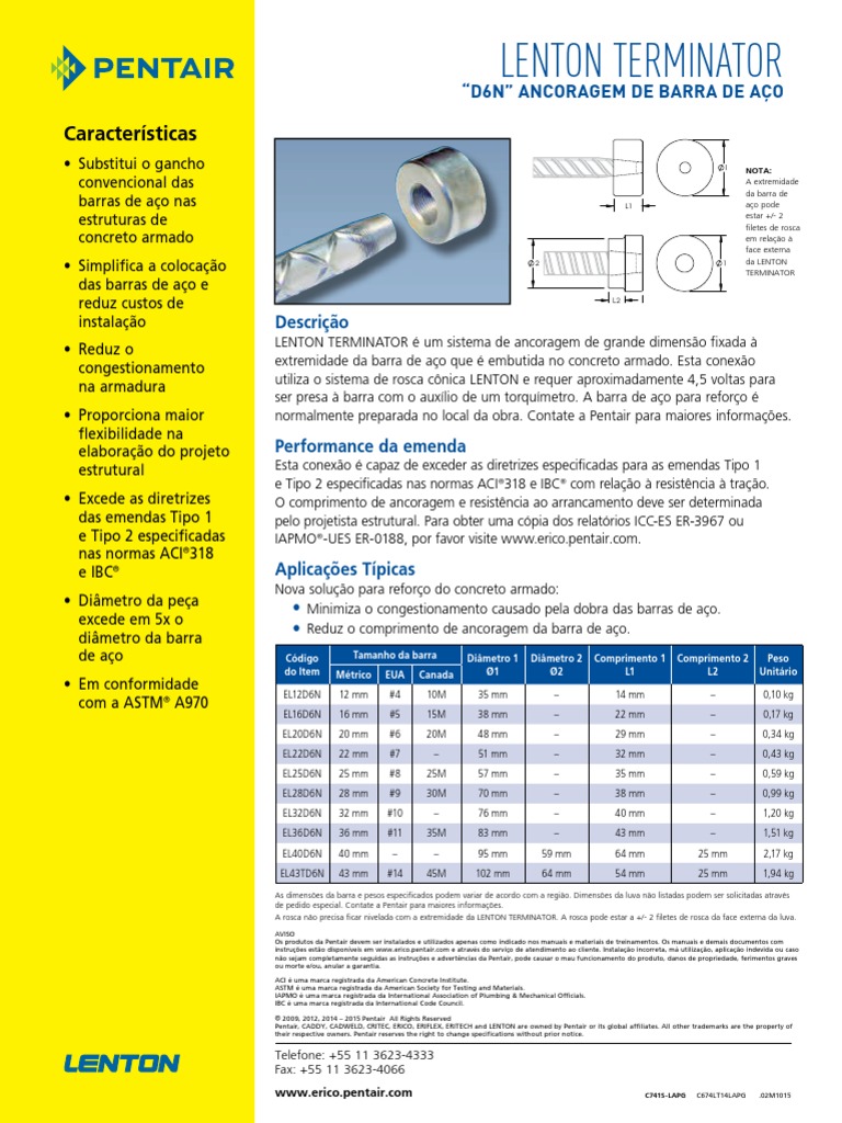 LENTON TERMINATOR "D6N" Ancoragem de Barra de Aço | PDF | Concreto ...