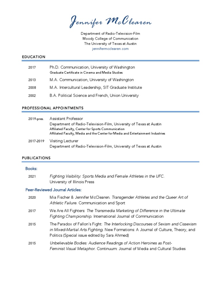 McClearen CV Summer 2021 | PDF | Ultimate Fighting Championship | Feminism