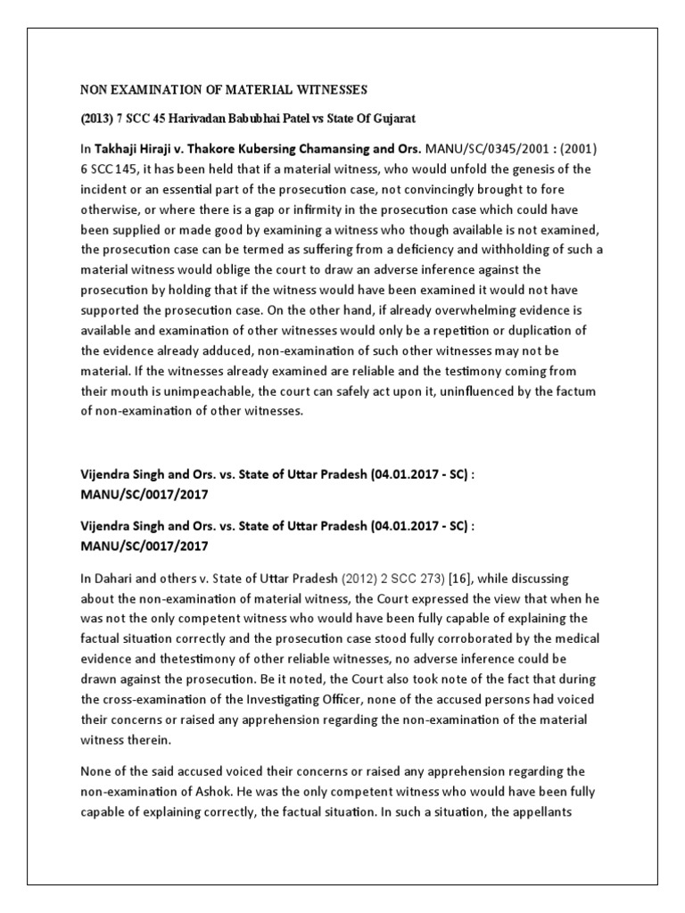 Non Examination of Material Witnesses (2013) 7 SCC 45 Harivadan ...