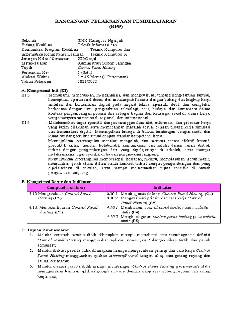 RPP ASJ 3.10 Mengevaluasi Control Panel Hosting-Dikonversi | PDF