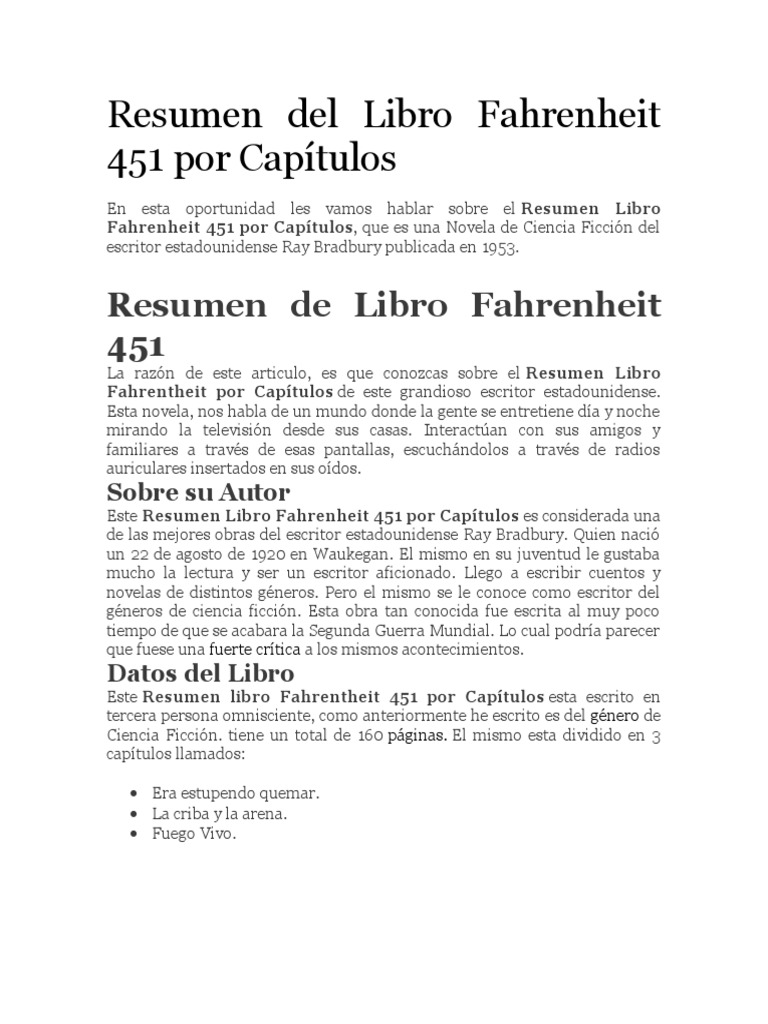 Resumen Del Libro Fahrenheit 451 Por Capítulos | PDF