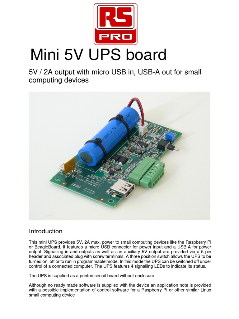 Mini 5V UPS Board: 5V / 2A Output With Micro USB In, USB-A Out For ...