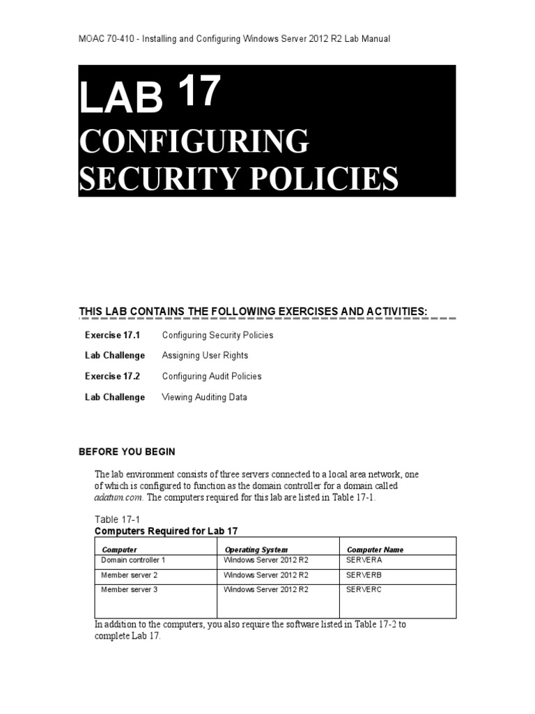 Configuring Security Policies: This Lab Contains The Following Exercises and Activities | PDF ...