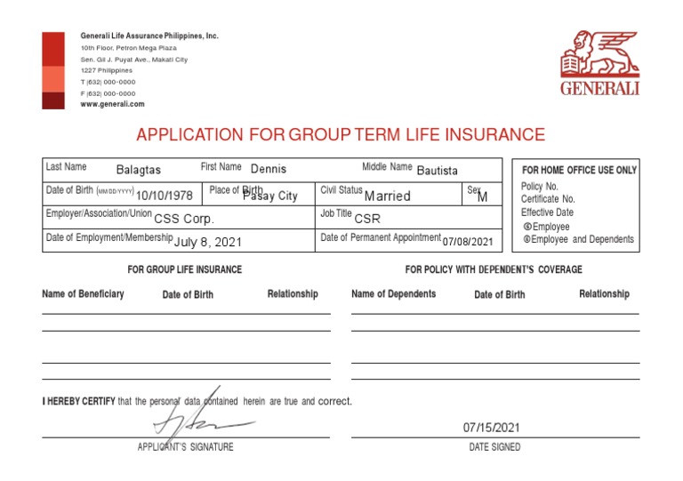 Group Term Life Insurance Application | PDF
