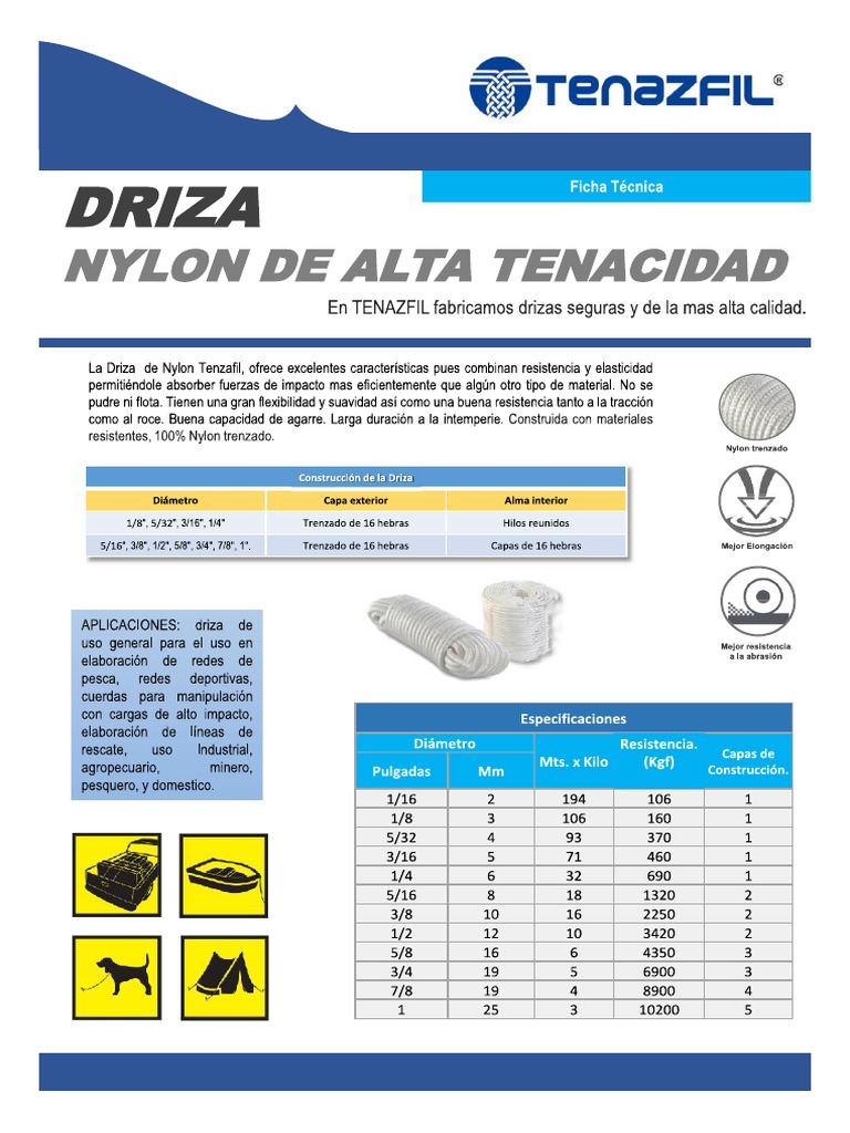 Ficha Tecnica Driza de Nylon Tenazfil | PDF