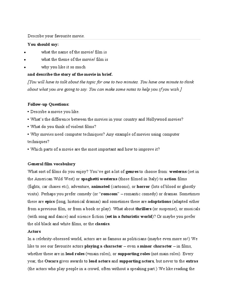 Describe Your Favourite Movie CUE CARD | PDF | Western (Genre) | Screenplay