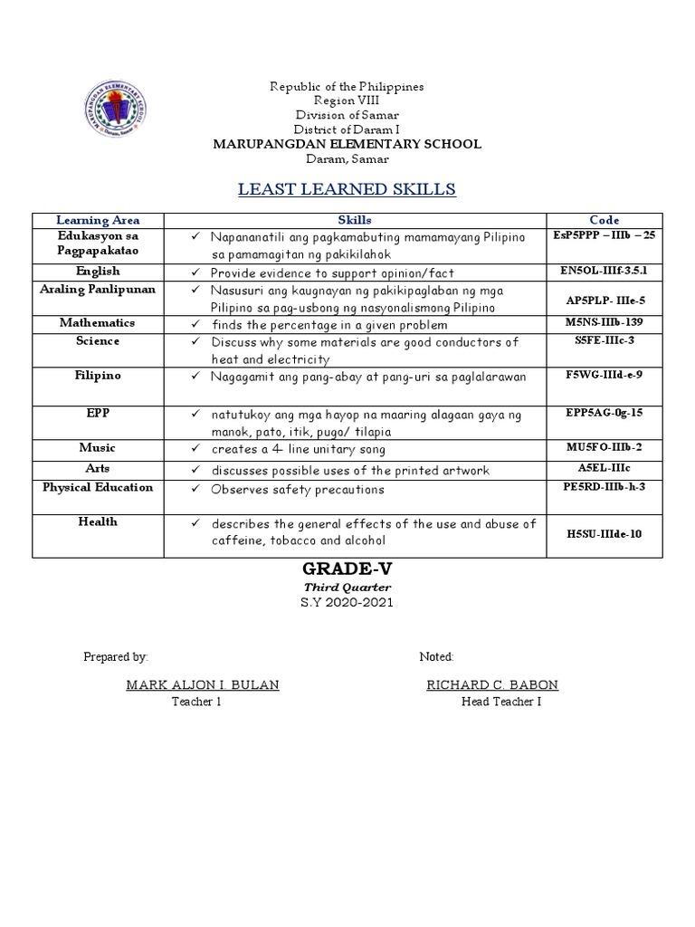 Least Learned Skills 3rd Quarter Grade 5 | PDF