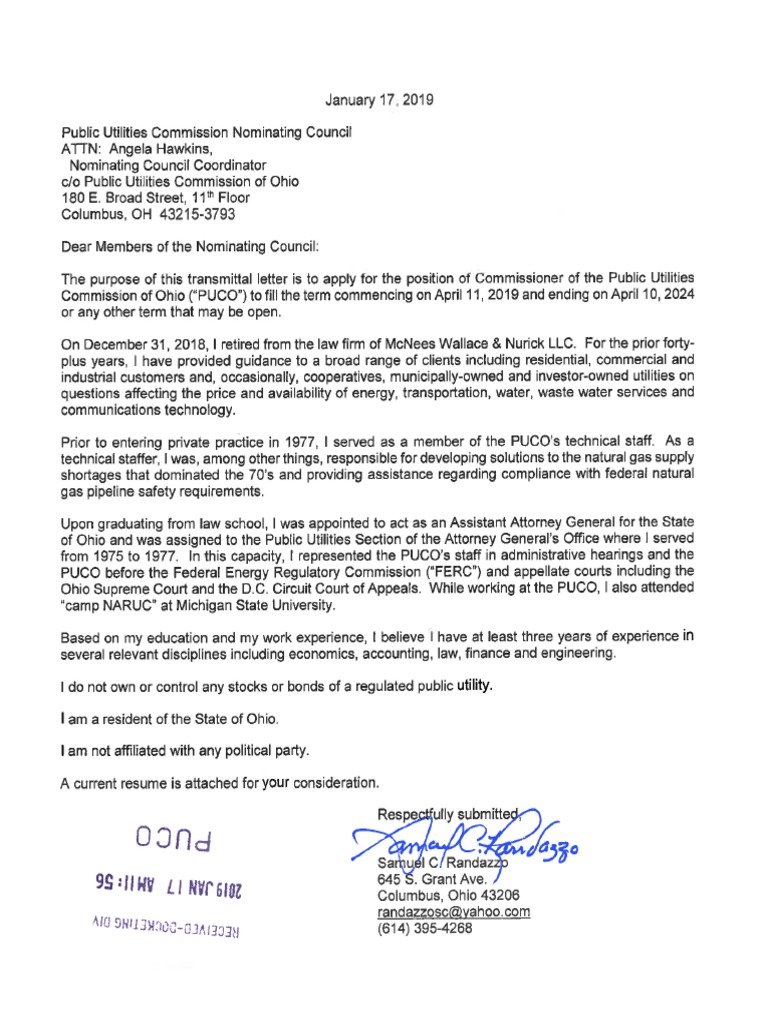 Sam Randazzo Documents To PUCO Nominating Council | PDF