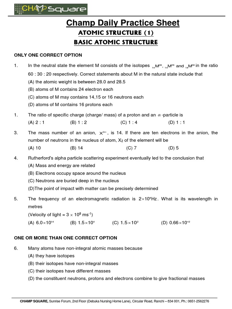 Champ Daily Practice Sheet: Atomic Structure (1) Basic Atomic Structure ...