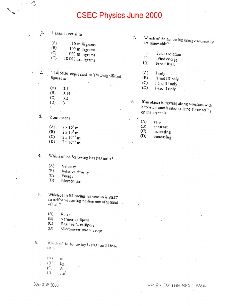 CSEC Physics June 2000 Past Paper | PDF | Mirror | Natural Philosophy