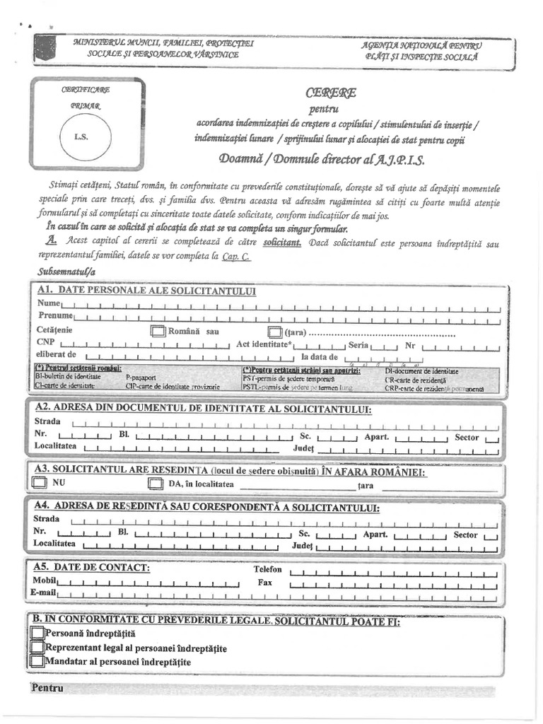 Cerere Pentru Acordarea Stimulentului de Insertie PDF | PDF