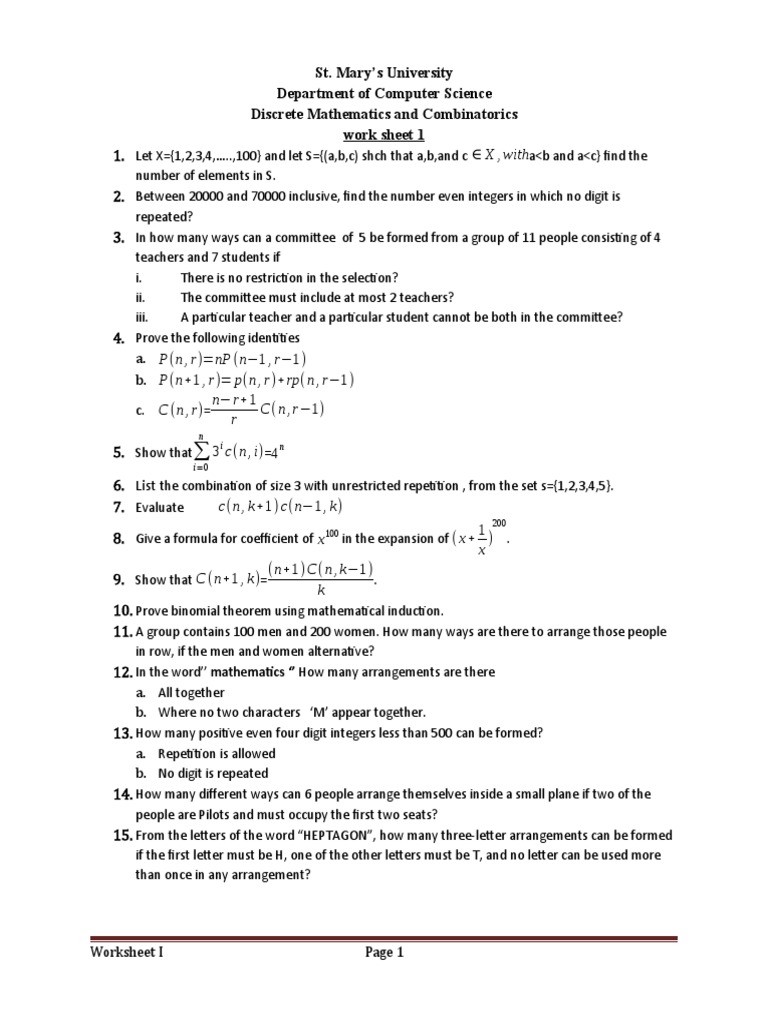 Discrete Mathematics and Combinatorics Worksheet 1: Exploring Problems Involving Sets ...