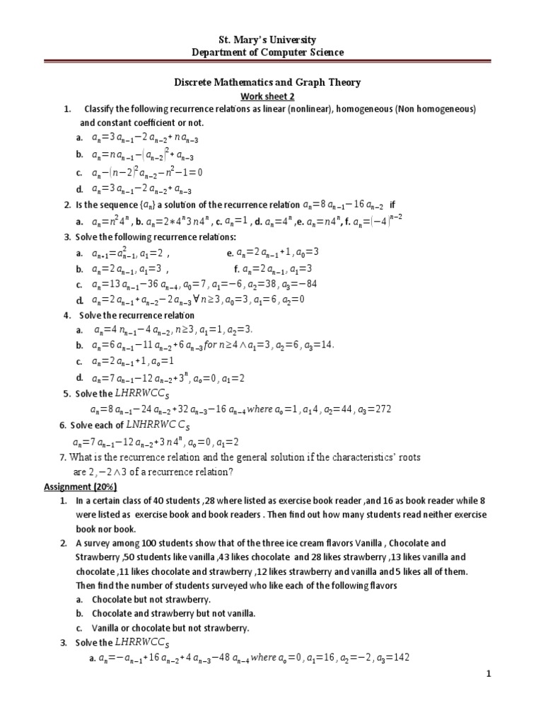 Discrete Mathematics Worksheet 2 Pdf Recurrence Relation Theoretical Computer Science