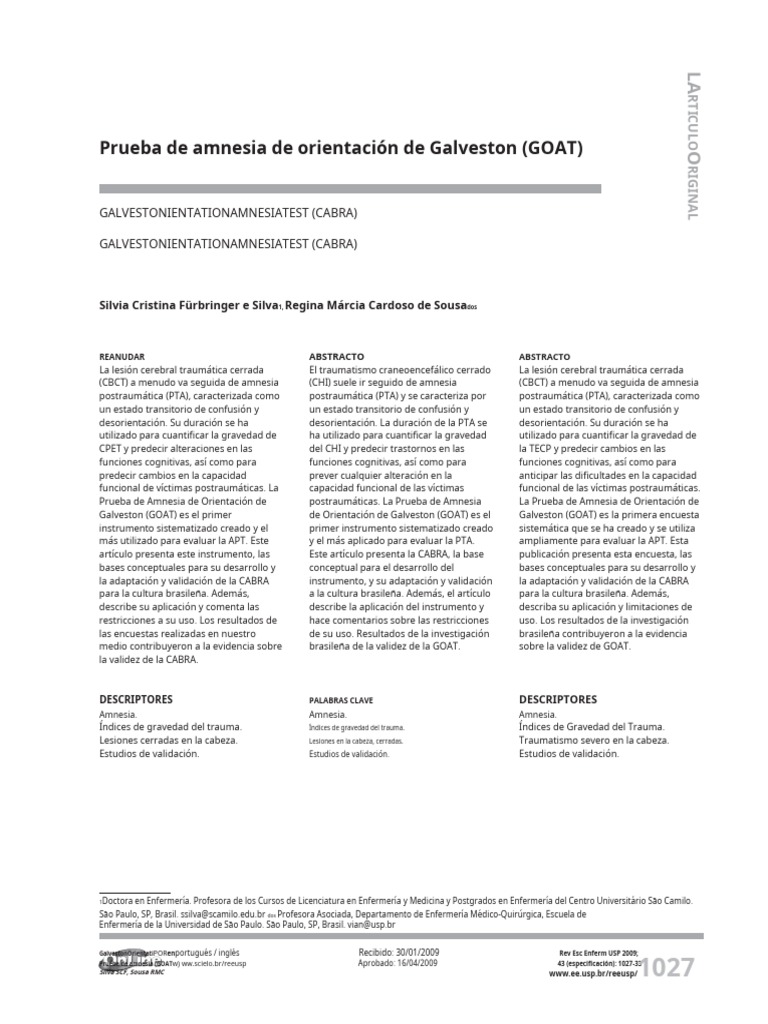 Galveston Orientation Amnesia Test GOAT - Pt.es | PDF | Validez ...