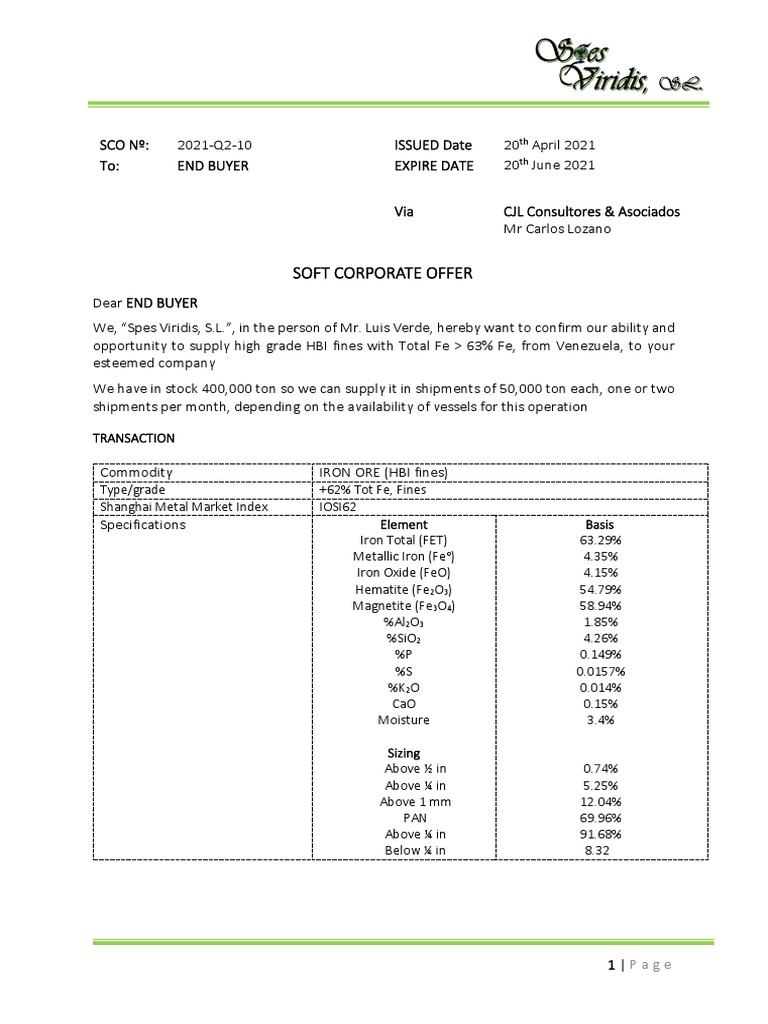 Soft Corporate Offer: TH TH | PDF | Letter Of Credit | Iron Ore