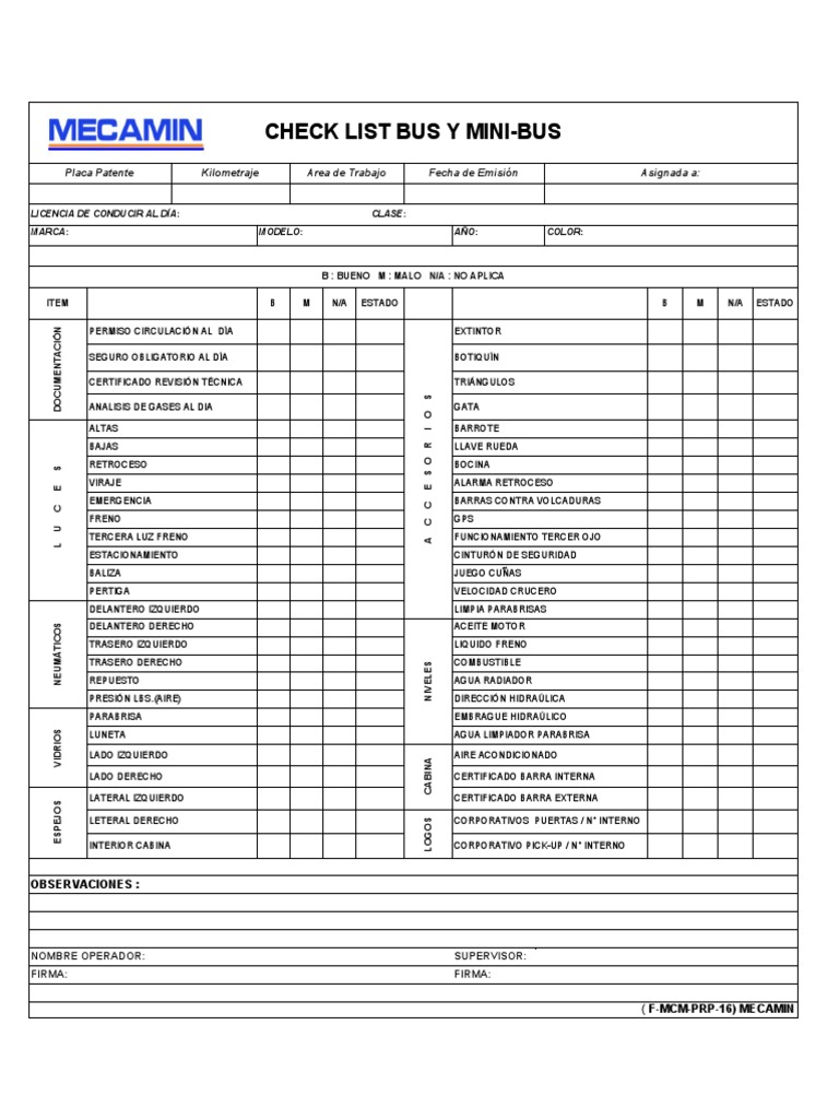 (F-MCM-PRP-16) Formato Check List Minibus y Bus | PDF | Vehículos de ...
