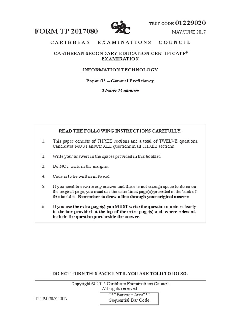 CSEC Information Technology June 2017 P2 | PDF | Barcode | Computer ...