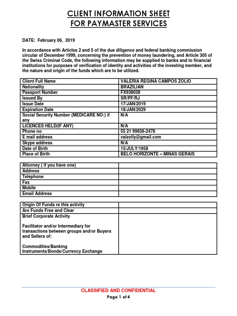 Client Information Sheet For Paymaster Services: Classified and ...