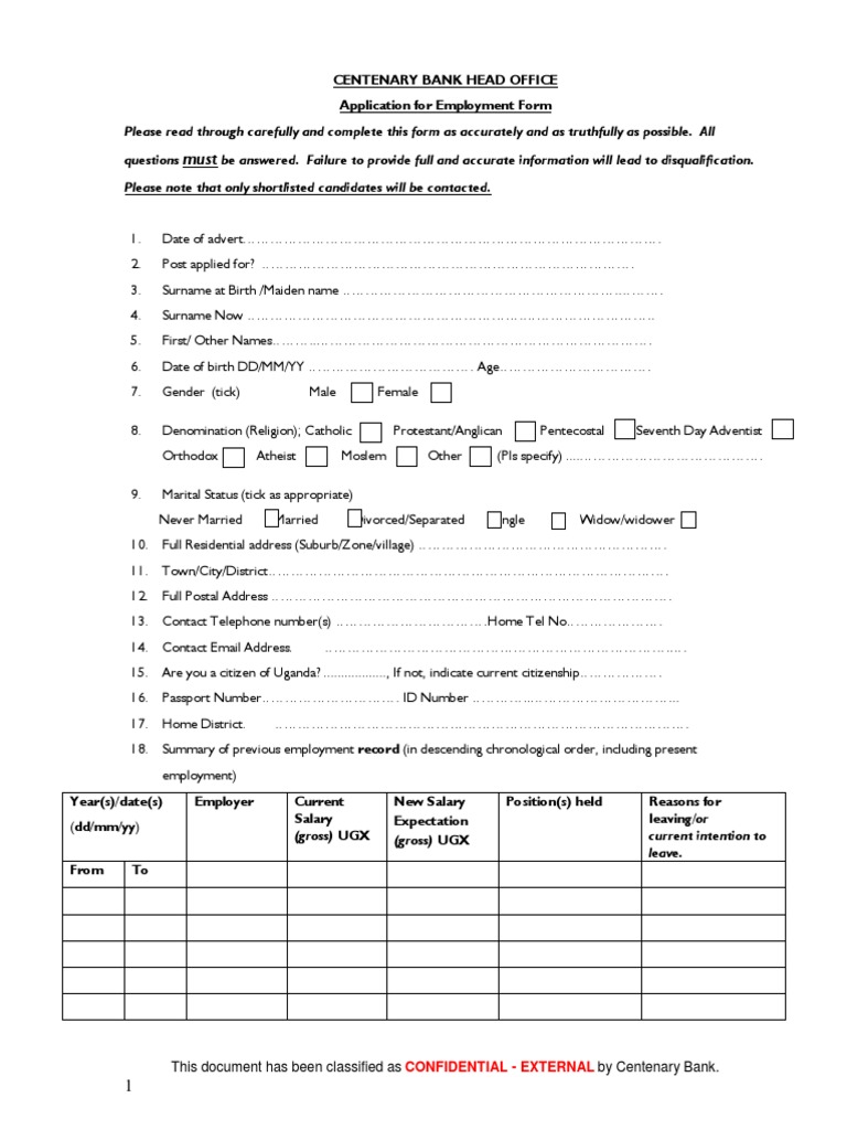 Centenary Bank Head Office Application For Employment Form ...