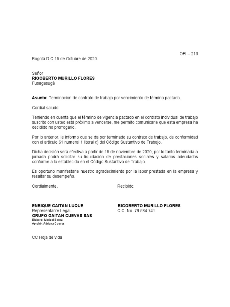 Modelo de Carta de Terminacion de Contrato | PDF