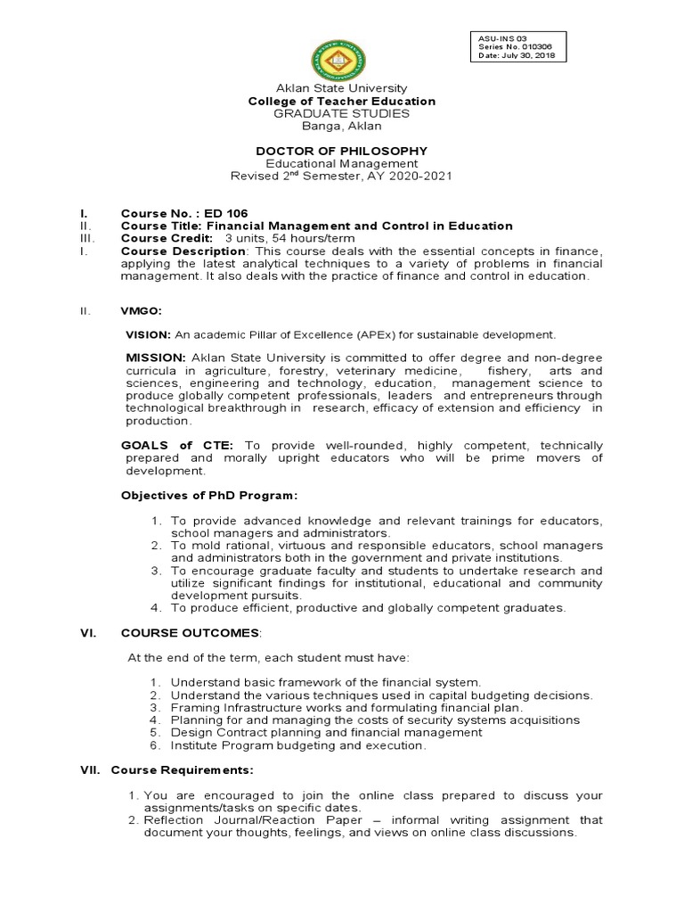 Vmgo: Vision: An Academic Pillar of Excellence (Apex) For Sustainable ...