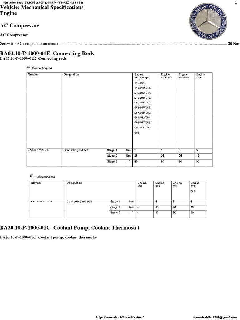Mercedes Benz CLK55 AMG W208 M113 Engine Specifications | PDF | Bearing ...