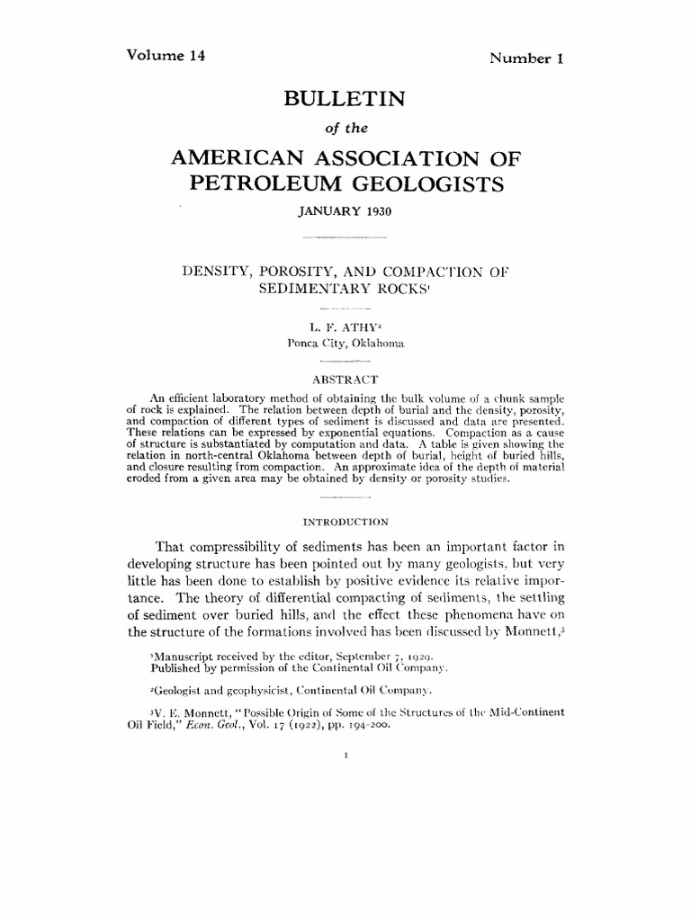 Density, Porosity, and Compaction of Sedimentary Rocks (Athy, 1930 ...