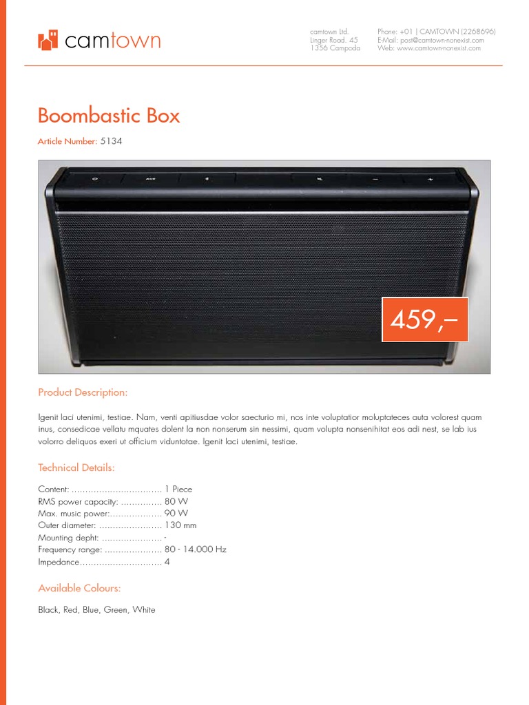 Camtown Boombastic Box Specifications | PDF