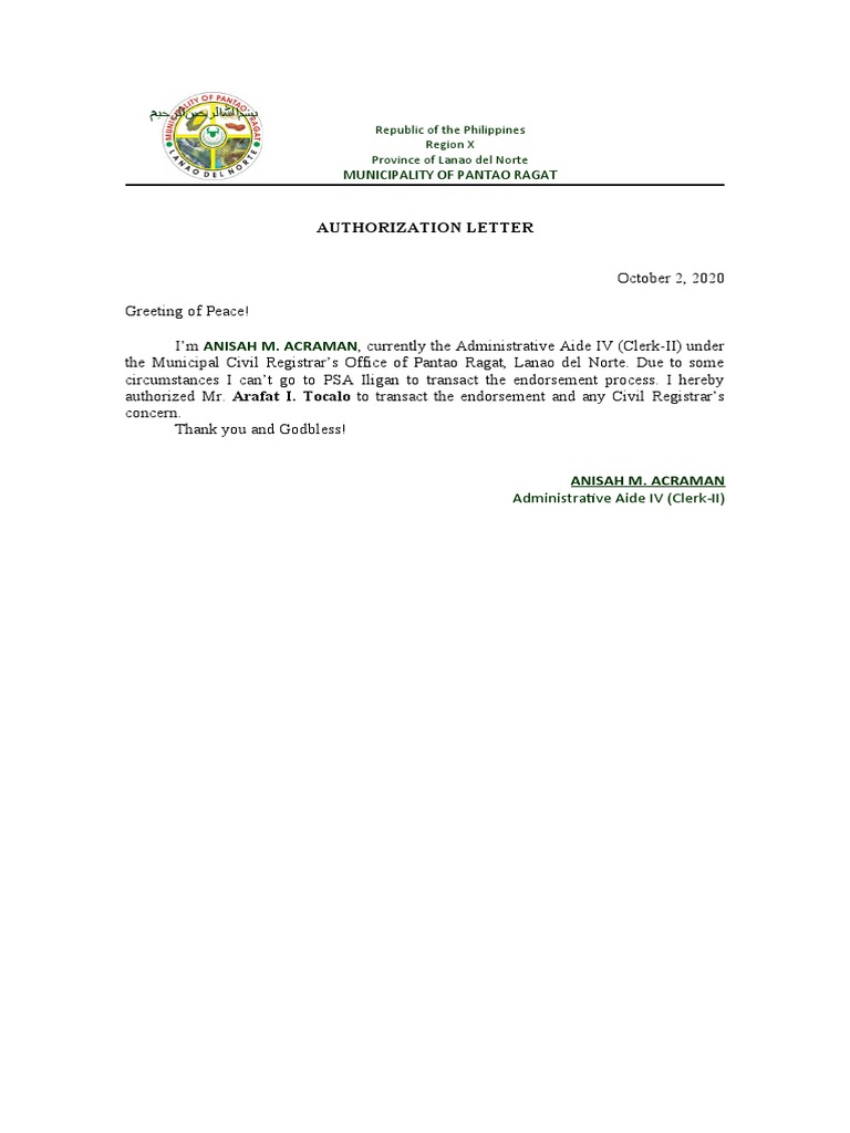 Authorization Letter For Endorsement | PDF