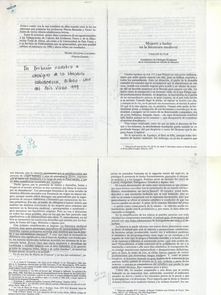 Mujeres y Hadas en La Literatura Medieval. Alvar | PDF