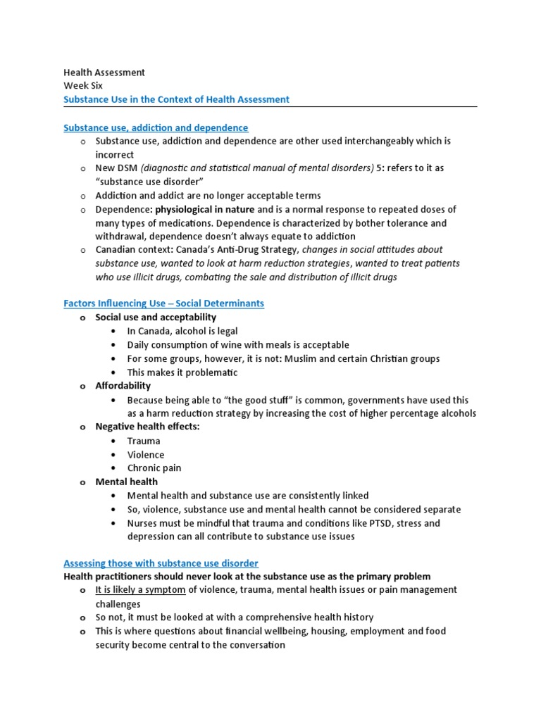Substance Use in The Context of Health Assessment Substance Use ...