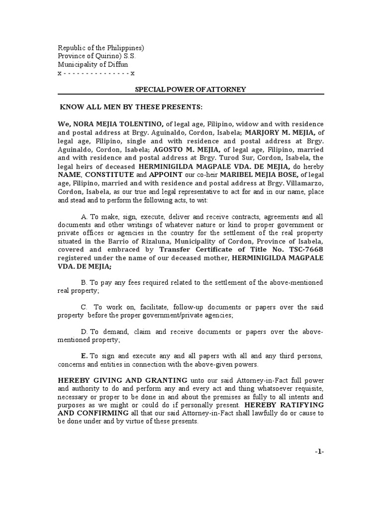 Special Power of Attorney for Heirs | PDF | Power Of Attorney | Common Law