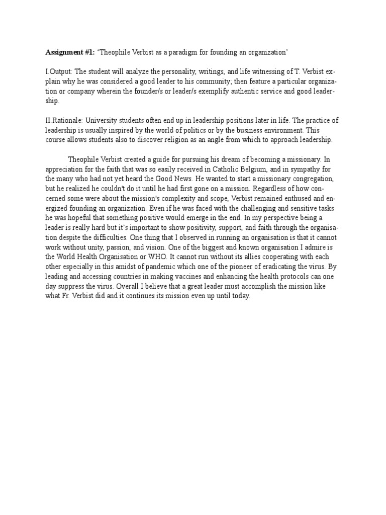 Assignment #1: Theophile Verbist As A Paradigm For Founding An ...