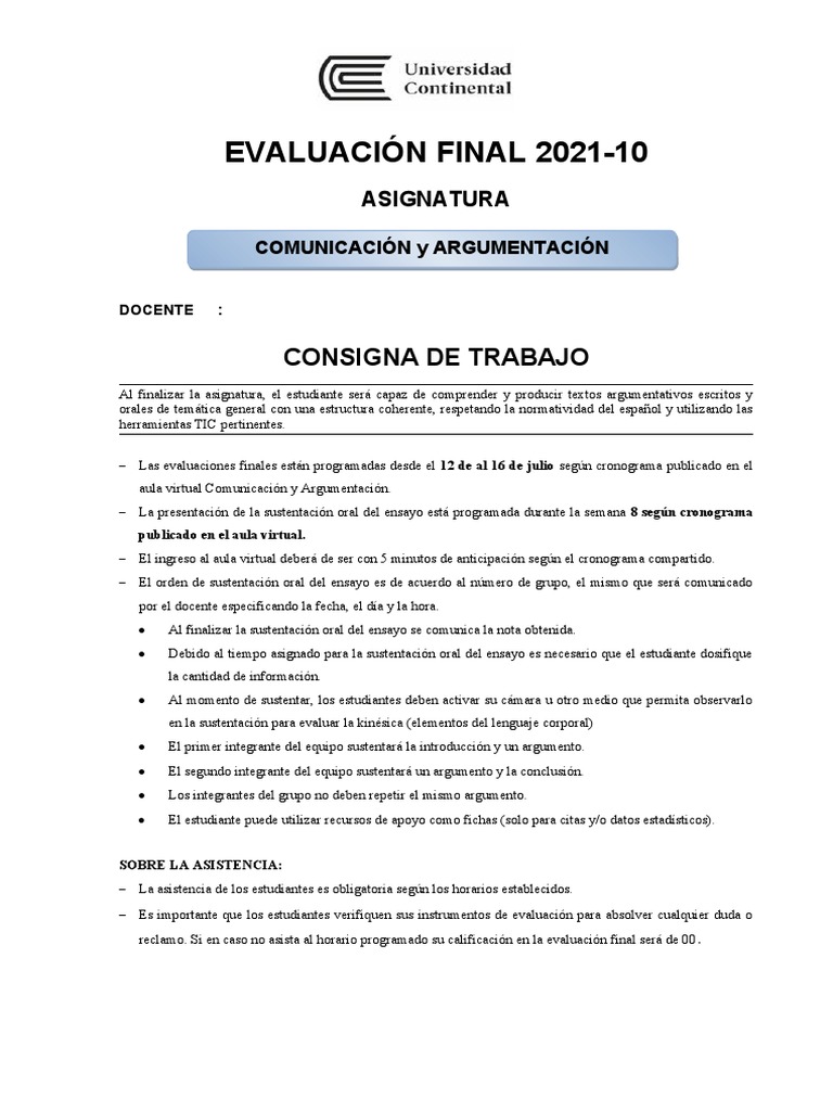 Consigna de Evaluación Final 2021 10 (Comunicación y Argumentación) | PDF