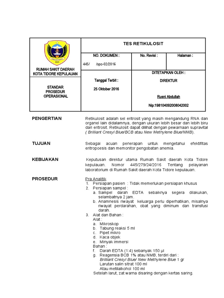 SOP Tes Hitung Retikulosit | PDF