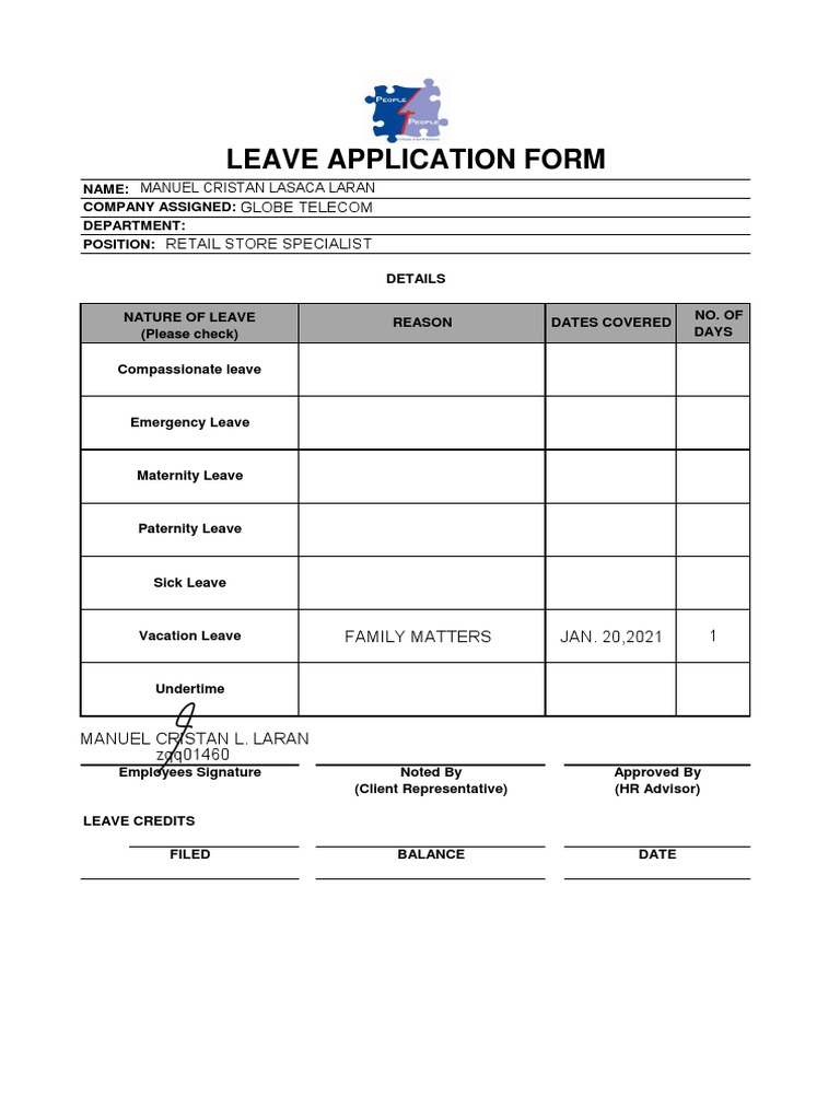 Leave Application Form: Retail Store Specialist Globe Telecom | PDF