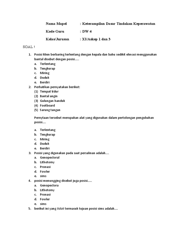 (DW4) KETERAMPILAN DASAR TINDAKAN KEPERAWATAN KELAS XI ASKEP 1 Dan 3 | PDF