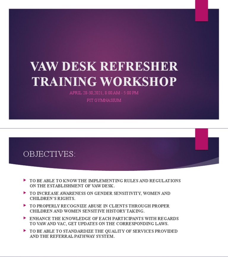 Vaw Desk Refresher Training Workshop - Objectives | PDF | Science ...