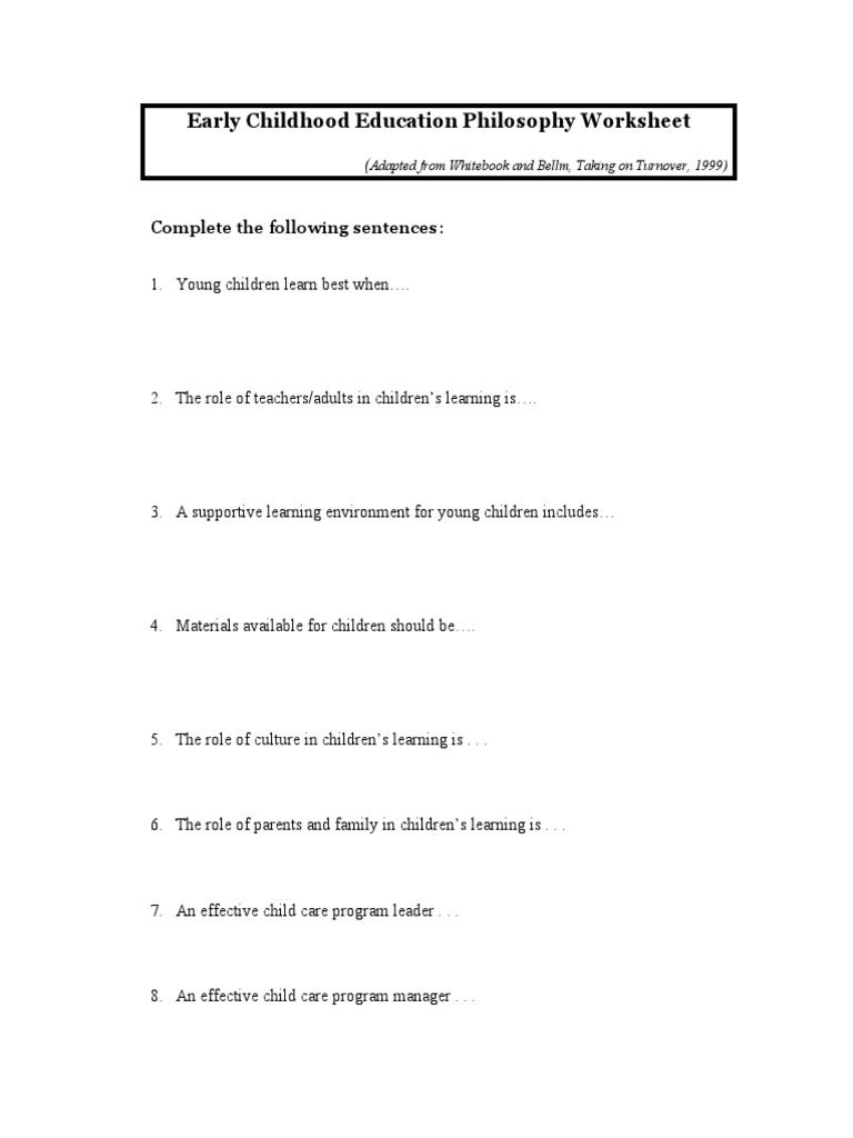 Early Childhood Education Philosophy Worksheet | PDF
