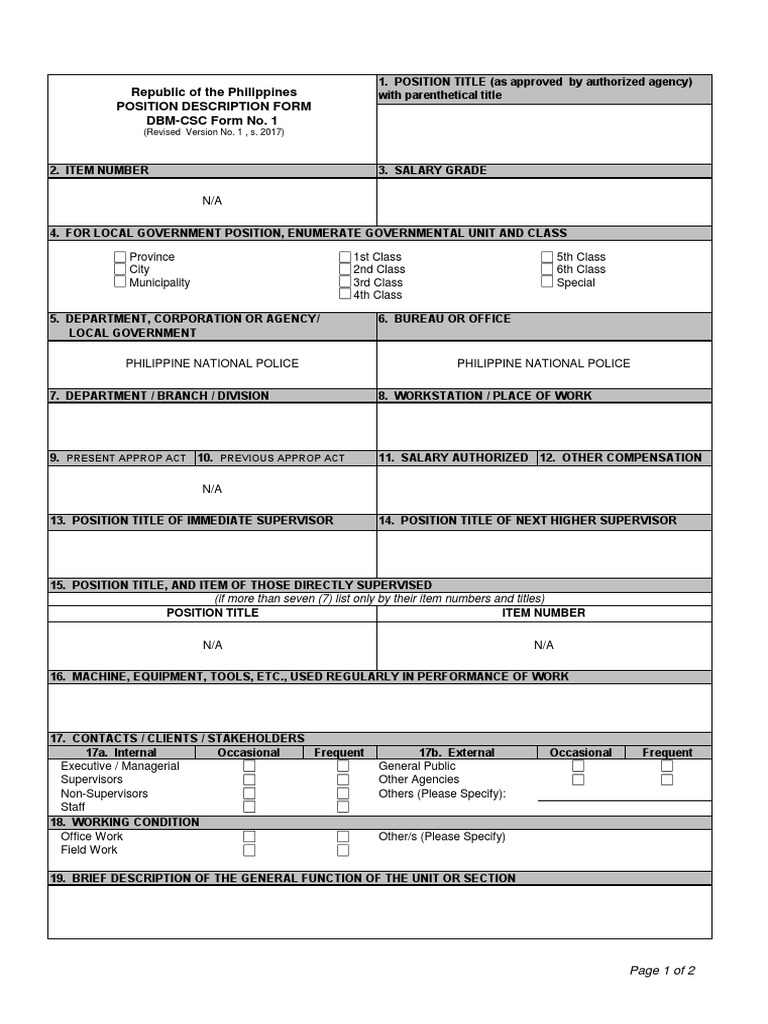 Position Description Forms (DBM-CSC Form No. 1) | PDF | Employment ...
