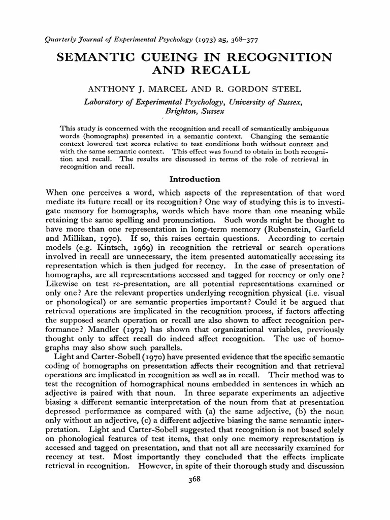 Semantic Cueing in Recognition and Recall: Laboratory Experimental ...