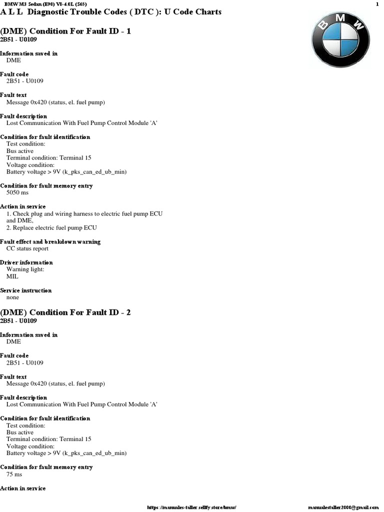 A L L Diagnostic Trouble Codes (DTC) : U Code Charts (DME) Condition ...